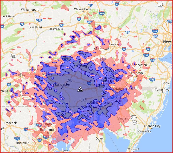 Repeater Coverage Map – W3GMS REPEATER in Parkesburg, PA
